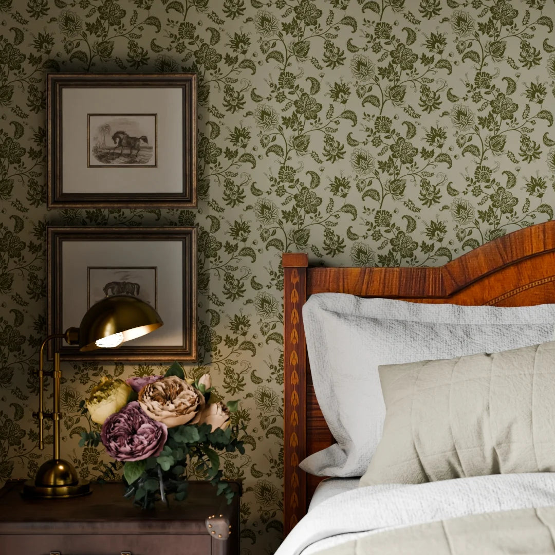 Balmoral Baroque Wallpaper in Gentleman Green and Warm Grey – Lucie Annabel