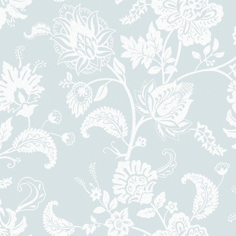Sample of Balmoral Baroque Wallpaper in Milk White on Blue – Lucie Annabel