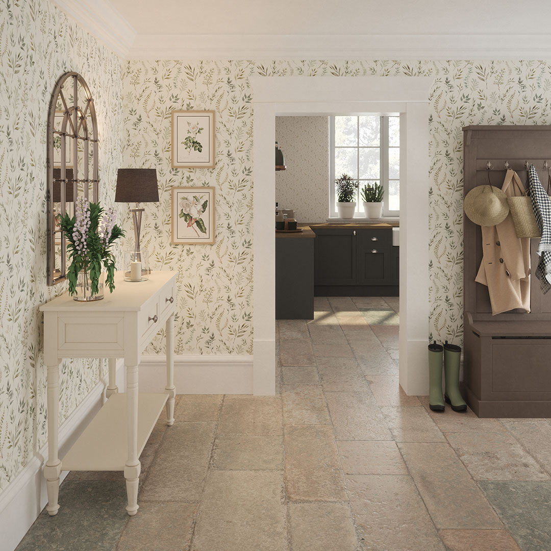 Countryside Trail Wallpaper in Rustic Greens on Ivory Linen – Lucie Annabel
