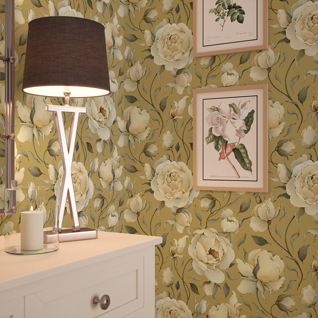 Enchanted Roses Wallpaper in Ivory on Antique Gold – Lucie Annabel