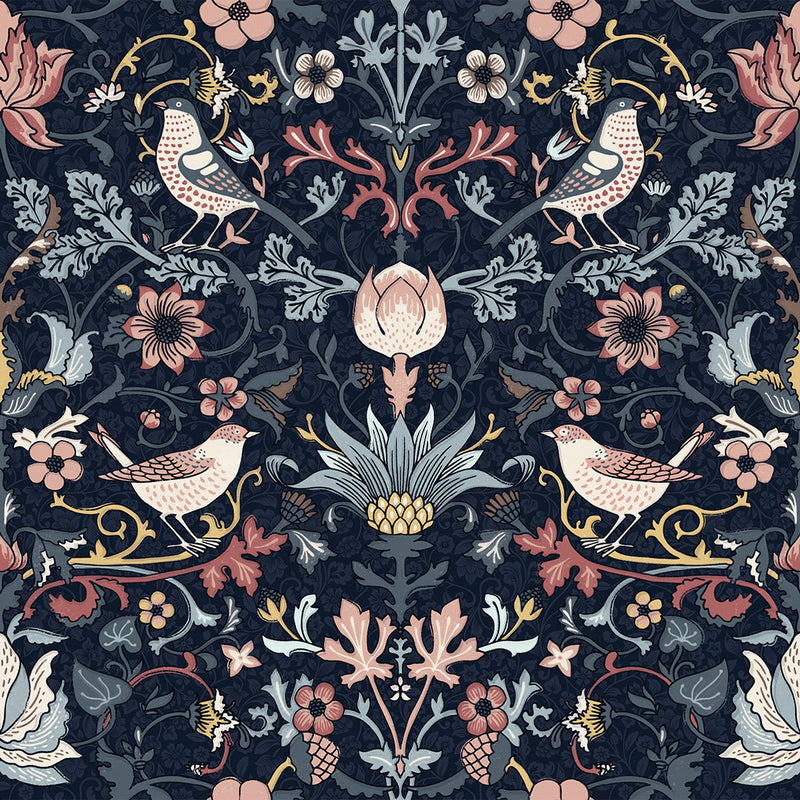 Garden Visitors Wallpaper in Shades of Rose and Mineral on Royal Navy ...