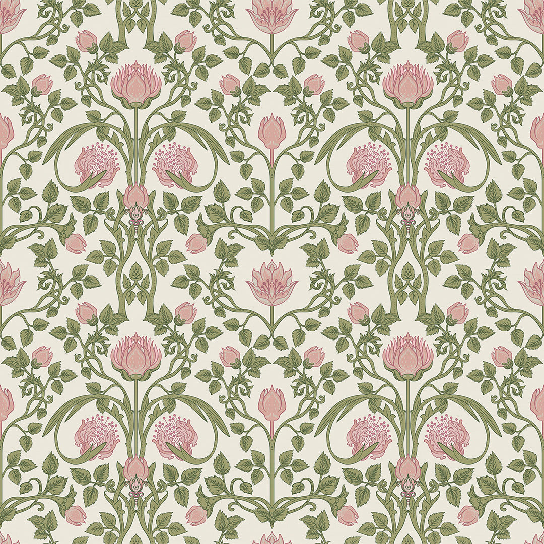 Tulip Garden Wallpaper in Sweet Pink and Olive on Cream – Lucie Annabel