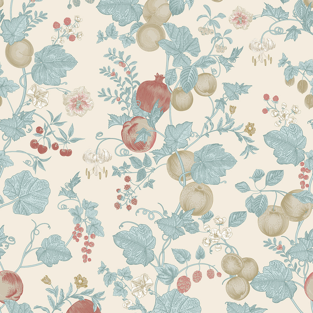 Forgotten Fruit Wallpaper in Duck Egg and Pomegranate on Vintage Cream ...