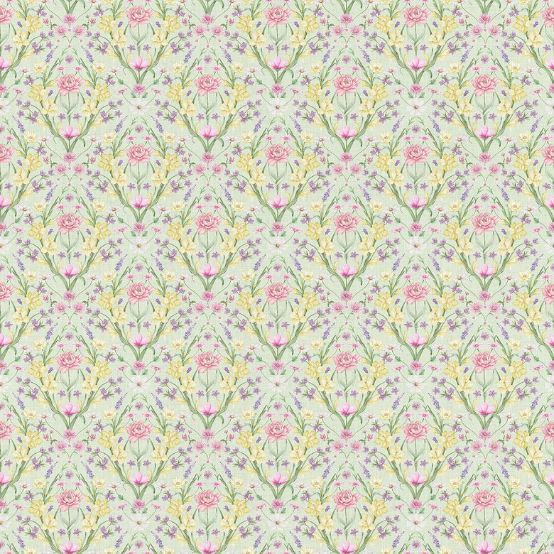 Sample of Miniature Maisie Wallpaper in Spring Hues on Sage – Lucie Annabel