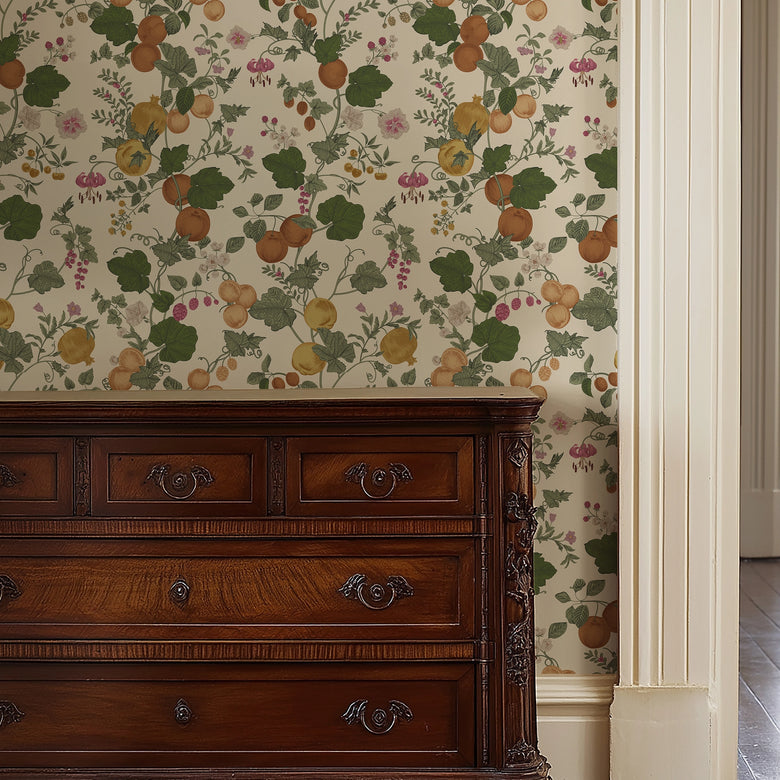 Forgotten Fruit Wallpaper in Persimmon and Ochre on Buttermilk Cream – Lucie Annabel