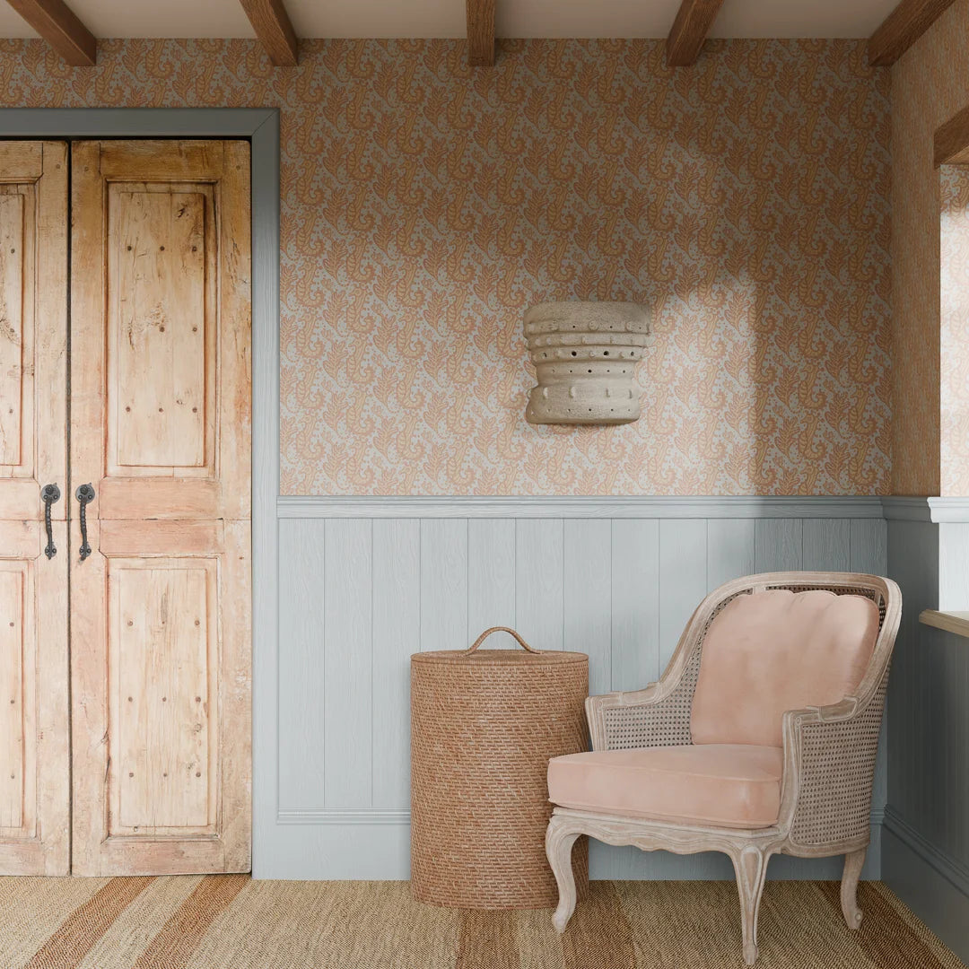Shetland Seahorses Wallpaper in Lemon Meringue on Duck Egg – Lucie Annabel
