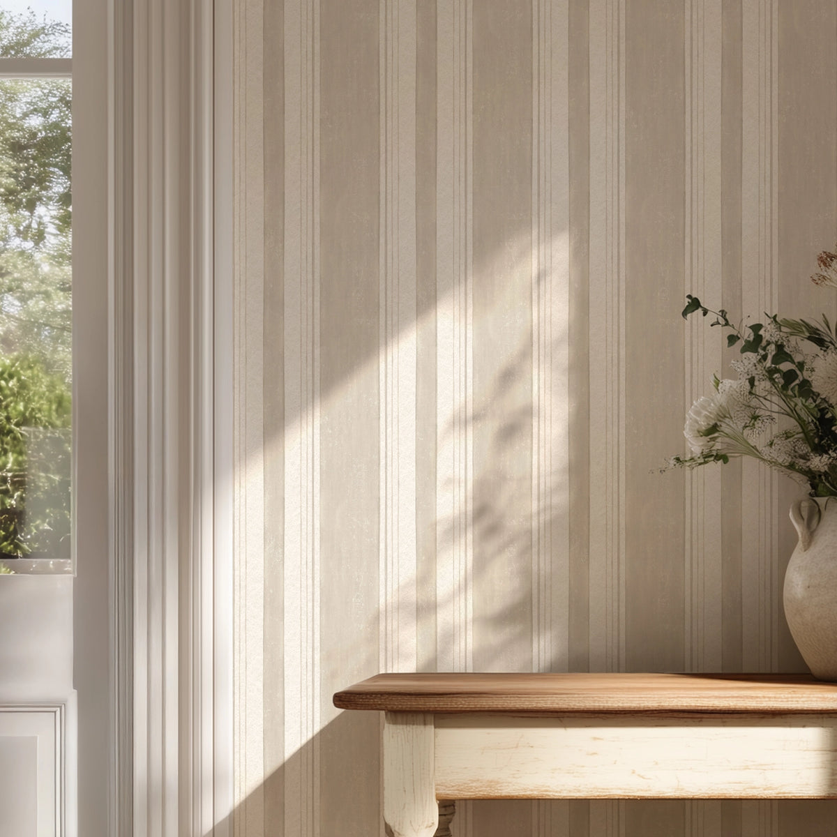 Soft Stripe Wallpaper in Stone on Cream – Lucie Annabel