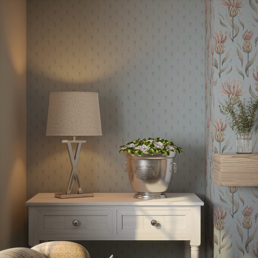 Wee Thistle Wallpaper in Cornflower Blue on Mineral Mist – Lucie Annabel