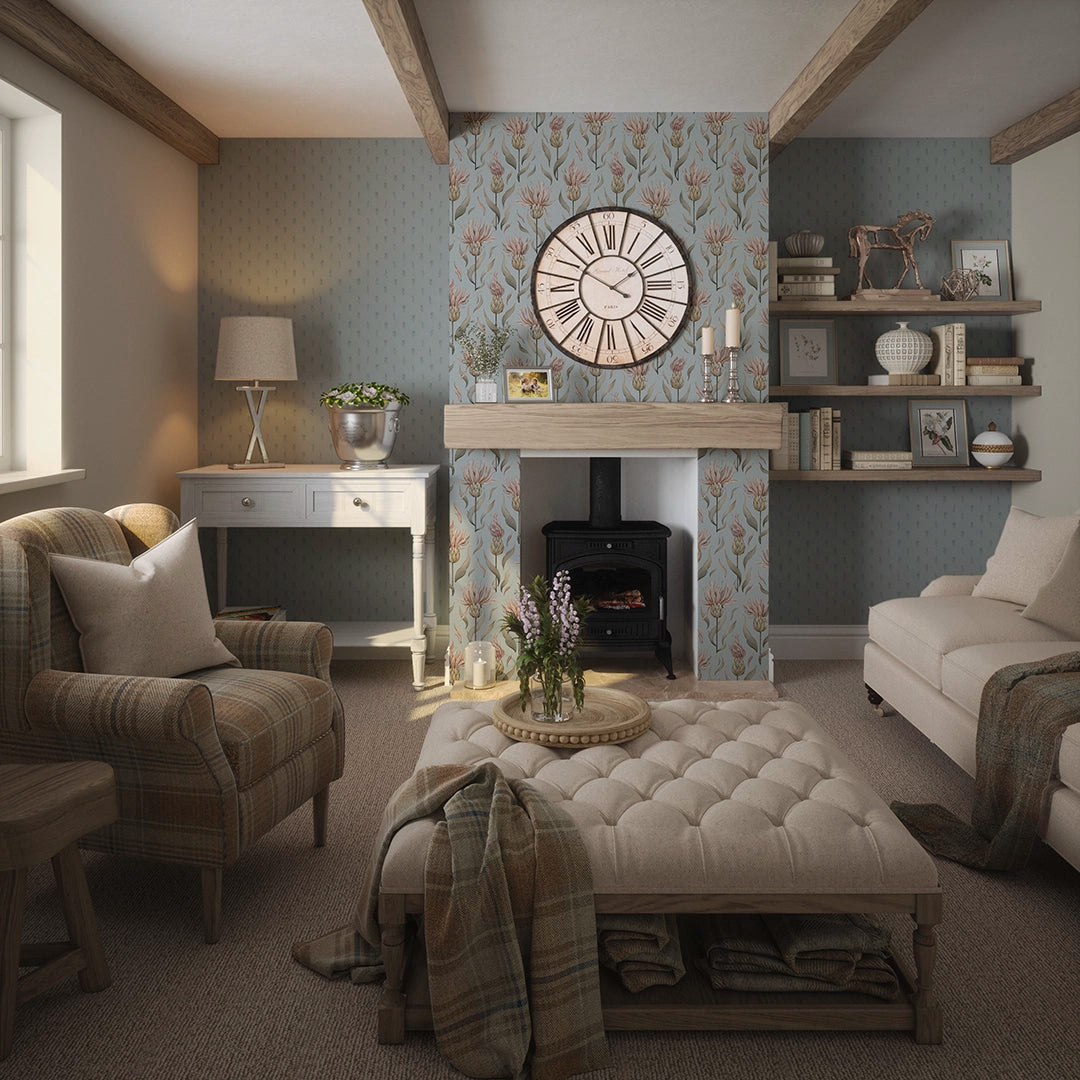 Wee Thistle Wallpaper in Cornflower Blue on Mineral Mist – Lucie Annabel