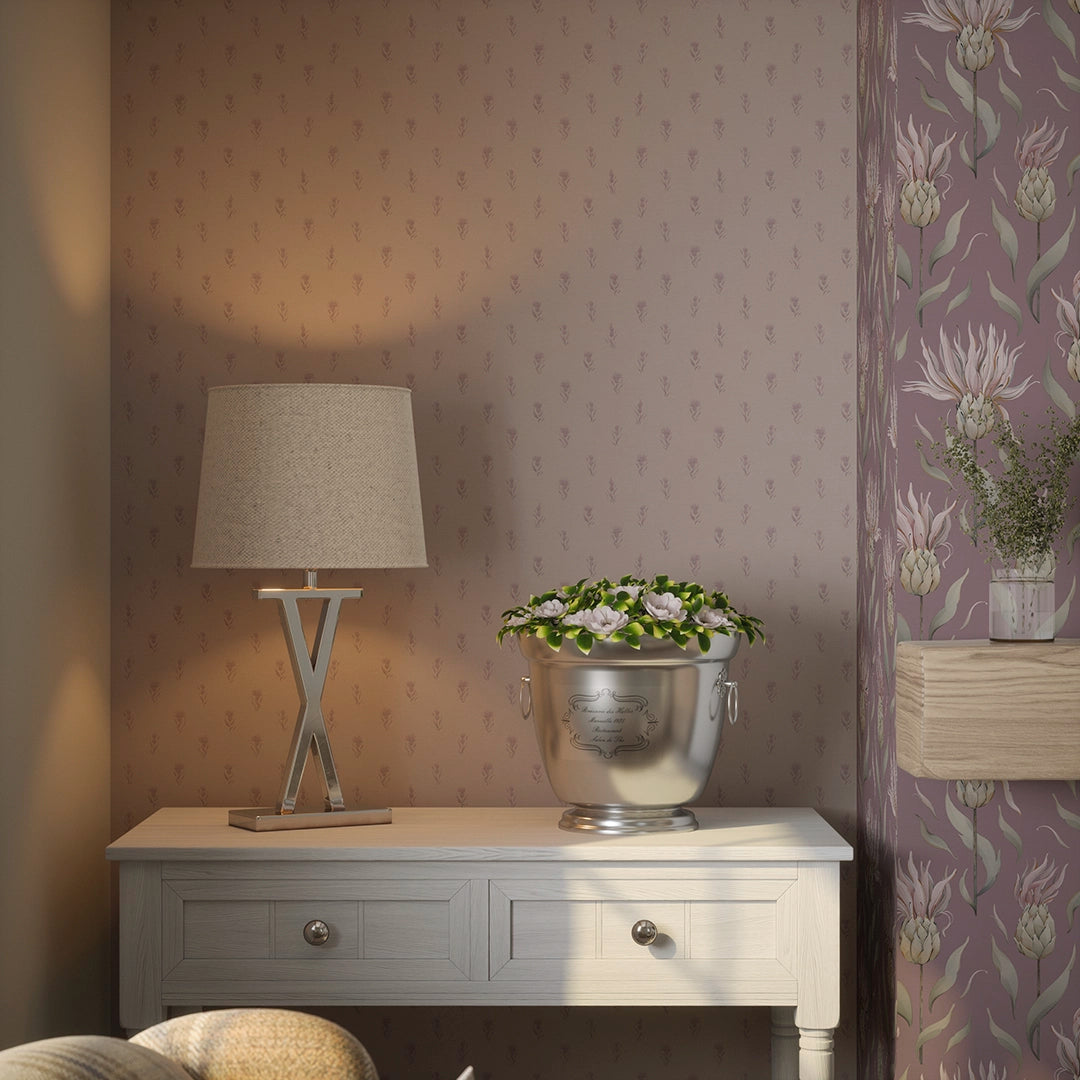 Wee Thistle Wallpaper in French Mauve on Vintage Rose – Lucie Annabel